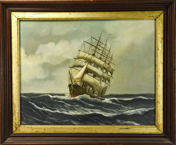 J Veerman Oil on Canvas Maritime Painting of Ship (#0237) on Mar 31 ...