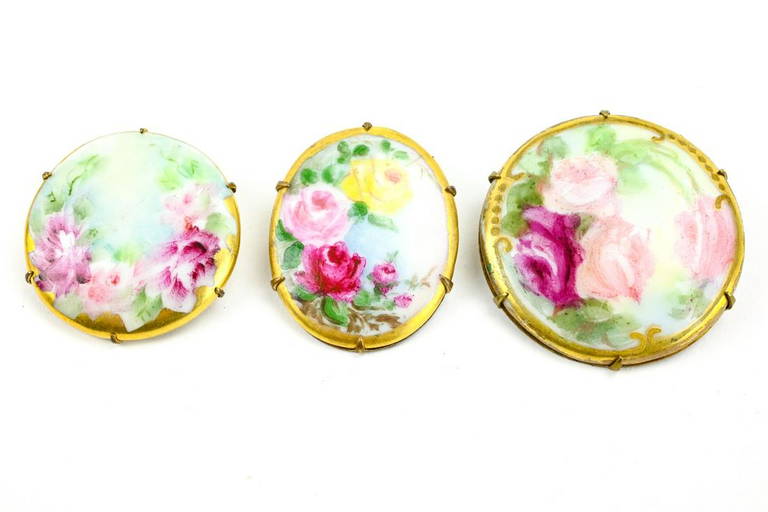 Three Antique French Limoges Hand Painted Brooch