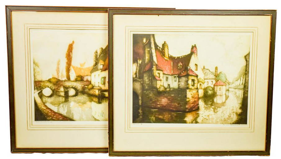 Pair S. Stanmount French Lithographs Of Village