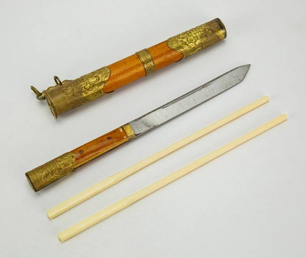 Antique Chinese Knife With Sheath And Chopsticks