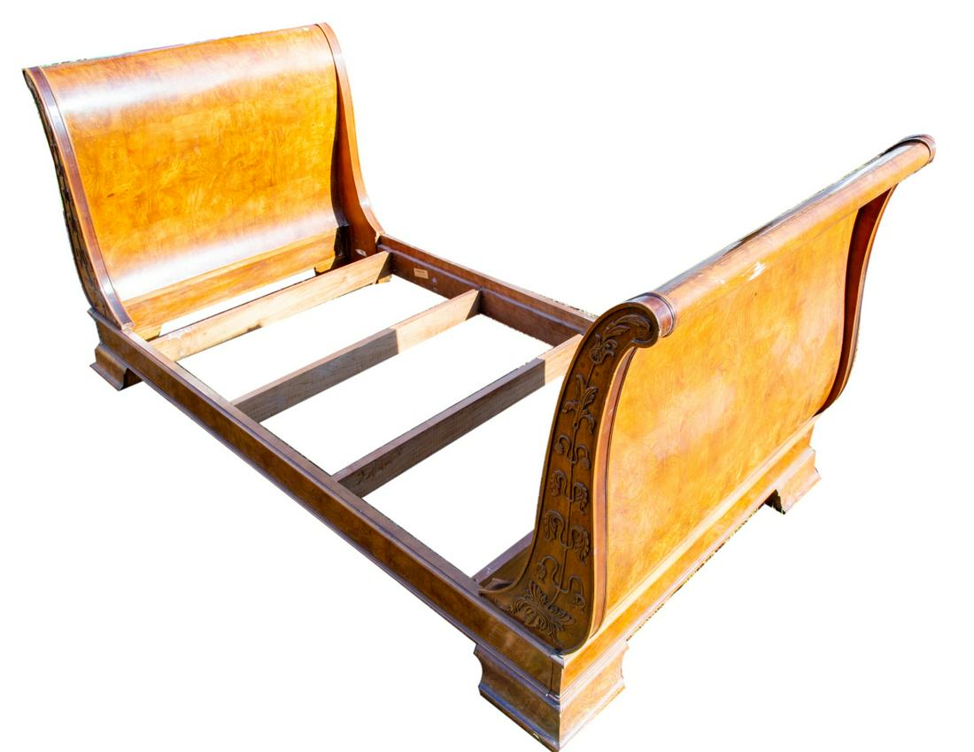 Henredon Charles X Burled Elm Sleigh Bed Frame