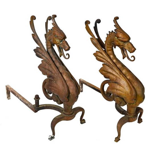 Majestic Antique Bronze Italian Dragon Andirons