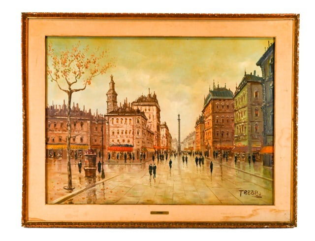 Cesare Trebbi Signed Oil Painting Paris City Scape Auction