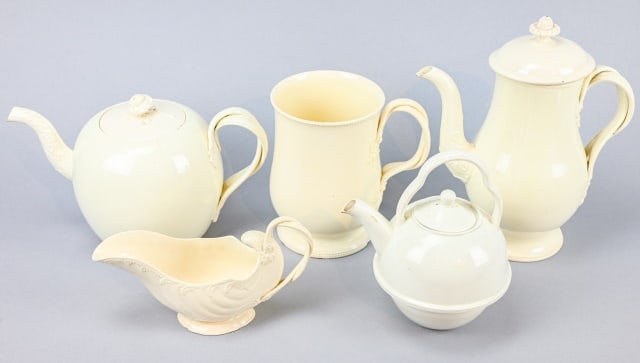 5 Antique Leedsware Creamware Pitchers Tea Pots