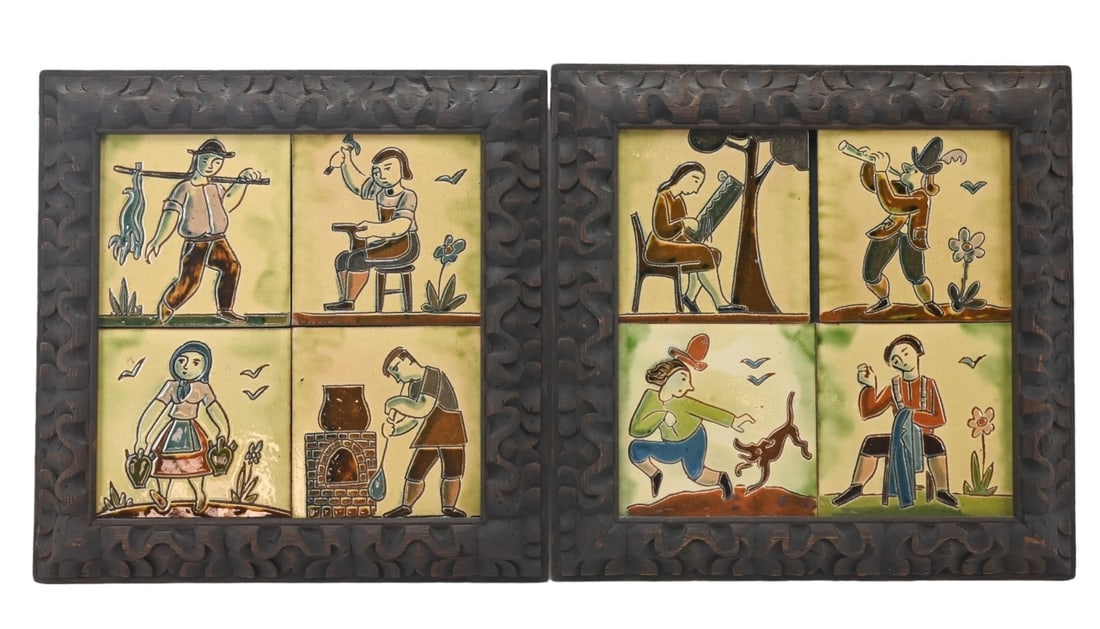 Antique Hand Painted Catalonian Farm Scene Tiles Auction