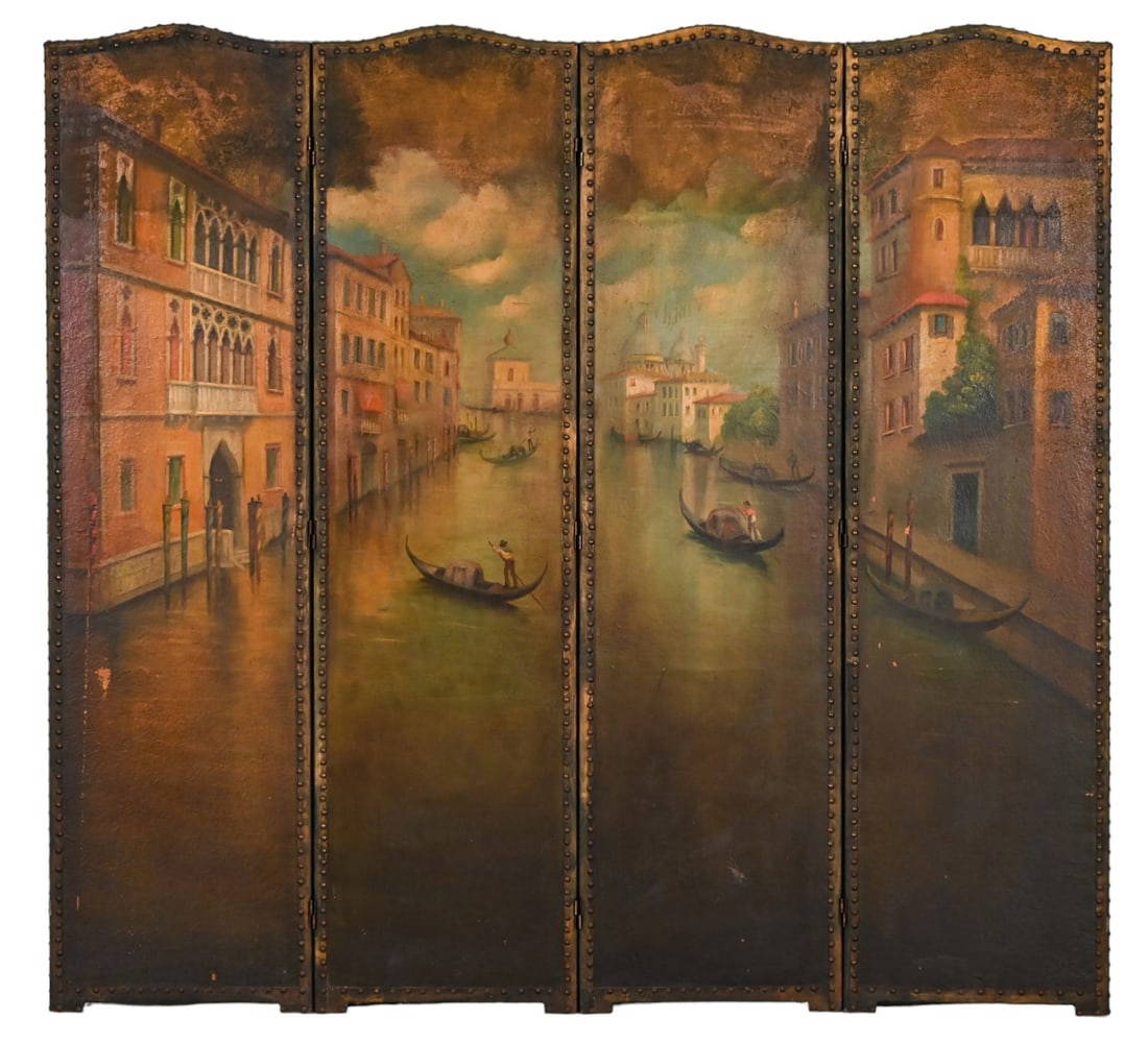 Vintage Hand Painted Leather Panel Screen Divider Auction