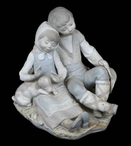 Lladro Vintage Porcelain Statue Girl Boy And Dog
