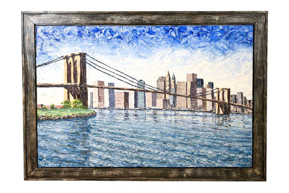 Brian Jeffries Oil Painting Nyc Bridge 83 Inch Auction