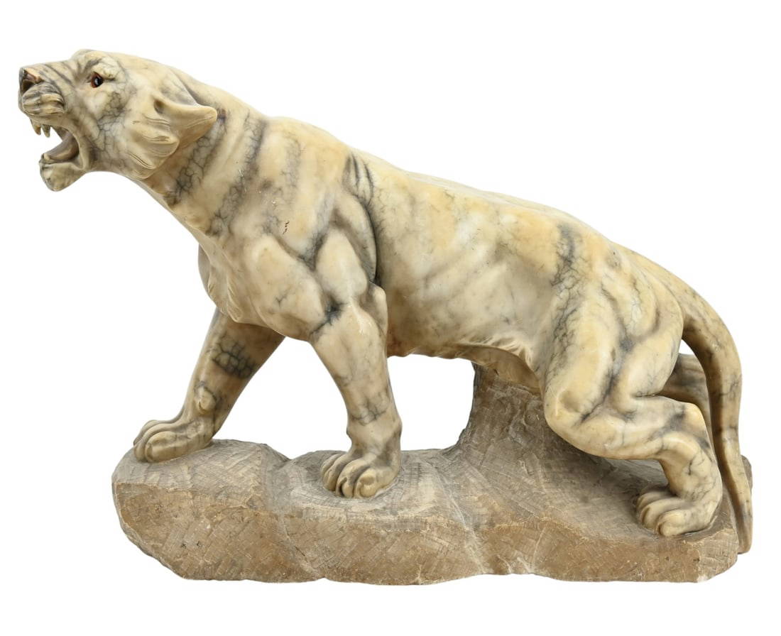 Antique Hand Carved Marble Tiger Sculpture Auction