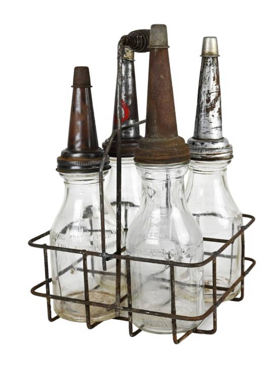 4 Antique Glass Motor Oil Bottles Tops Carry Rack Auction