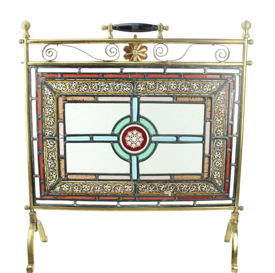 Antique Brass & Stained Glass Fireplace Screen Auction