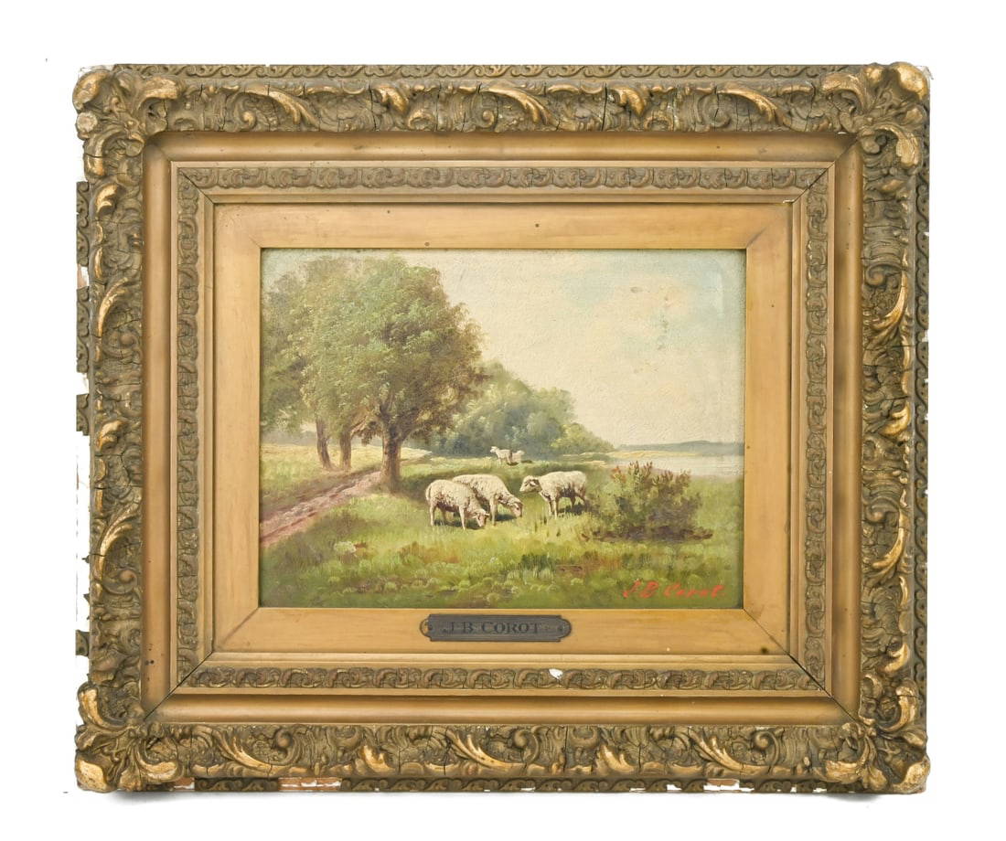 J. B. Corot Signed Oil Painting Farm Landscape Auction