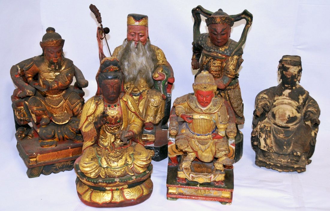6 Antique Gilt & Painted Chinese Household Gods