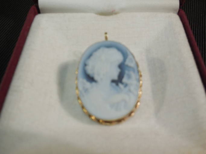 Rare Blue Agate Cameo Pendant W/14k Gold Setting