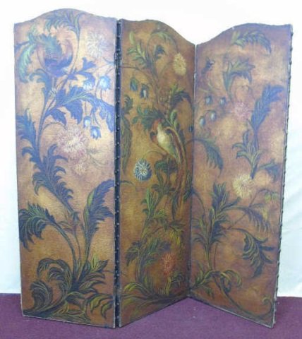 Antique Painted Leather 3 Panel Screen