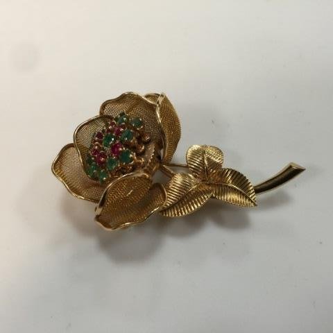 Estate 18kt Gold Emerald & Ruby Rose Brooch