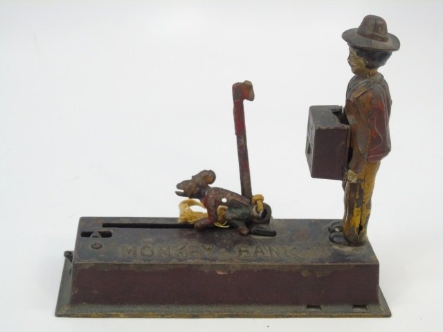 Antique Coin Op Cast Iron Monkey Bank