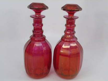 Pair Antique Bohemian Ruby Glass Decanter Bottles