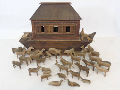 Antique 19th C German Carved Wood Noah's Ark Set