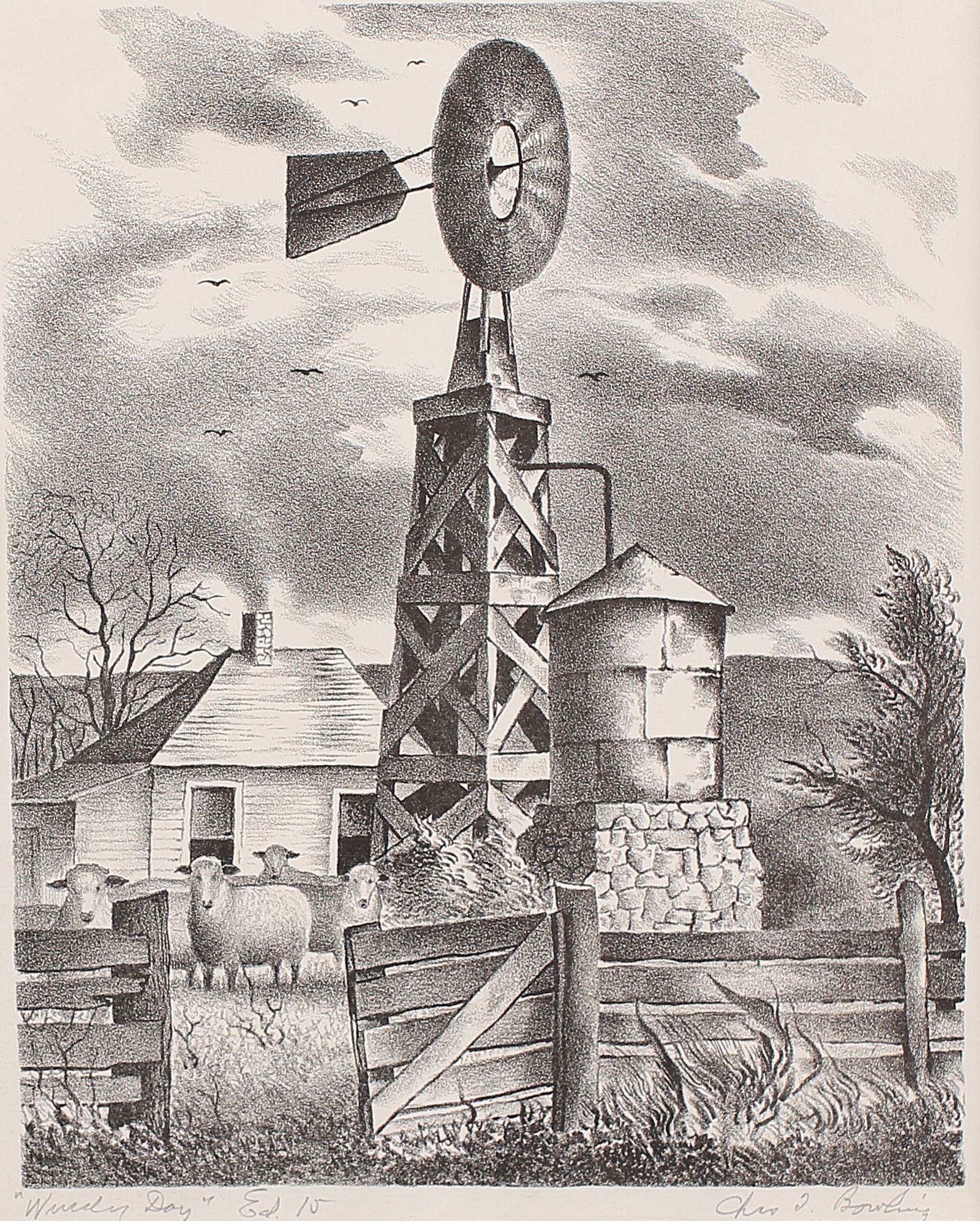 Charles T. Bowling (am. 1891-1985), Windy Day, Ed. 15, Lithograph Auction