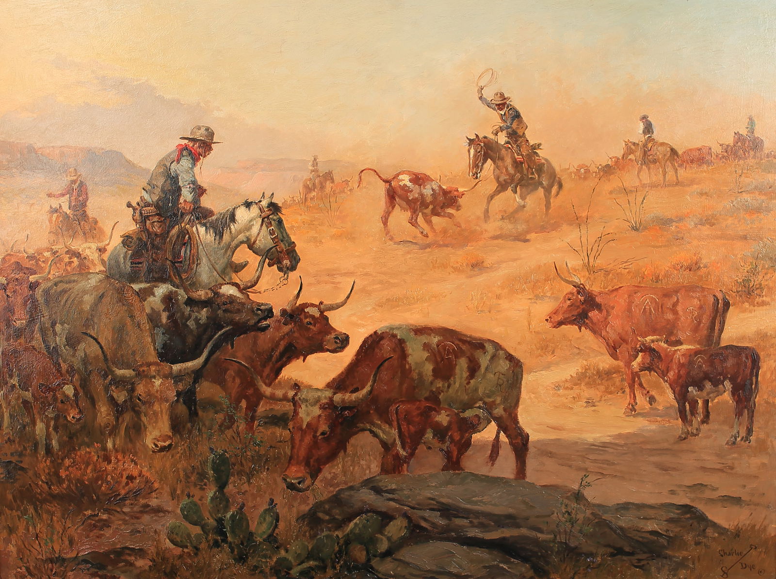 Charlie Dye (am. 1906-1972), Cutting Out Mexican Cows ©, Oil On ...