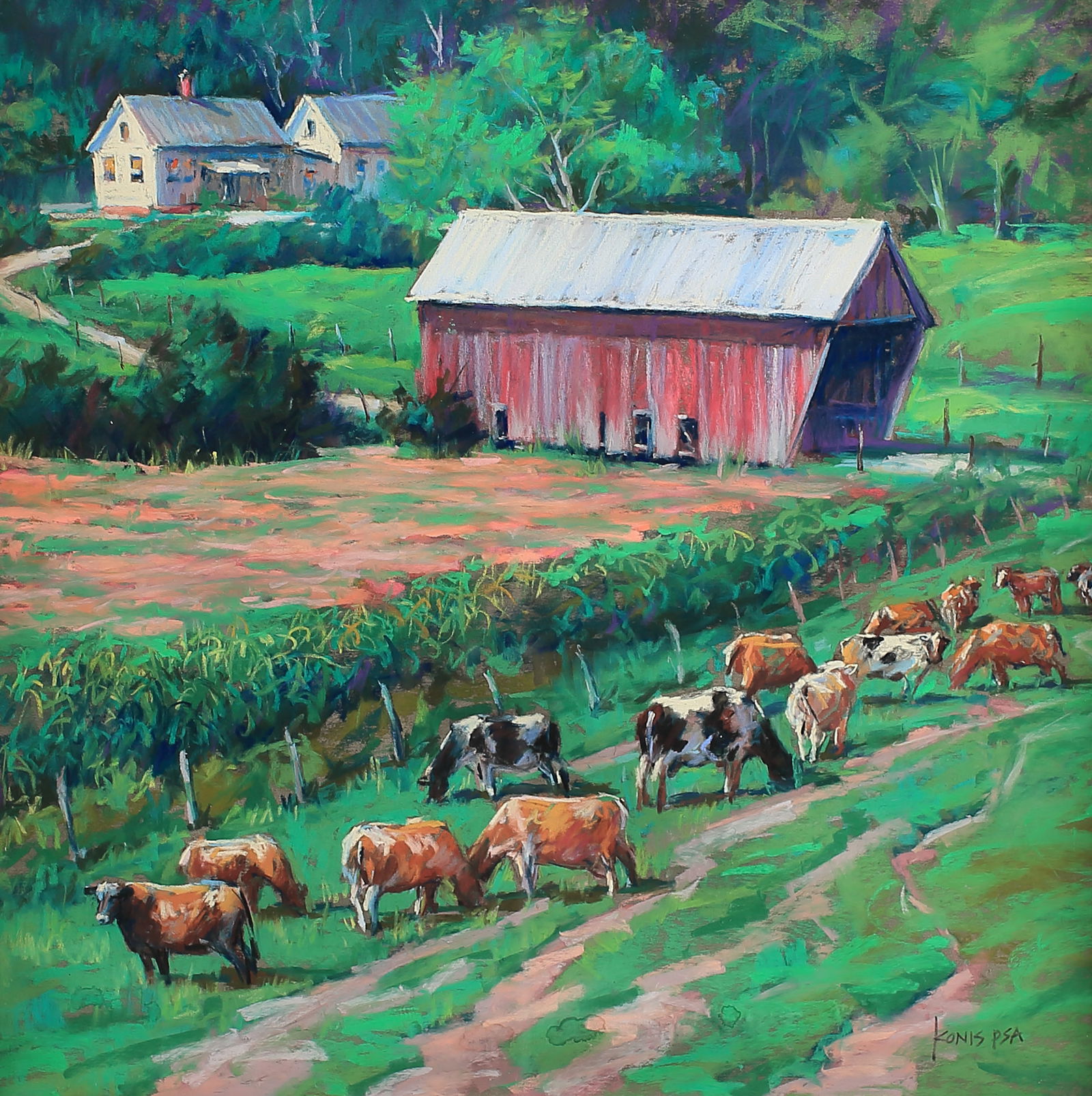 Ben Konis (am. 1924 2006), Cattle Grazing On A Hillside, Pastel On Paper