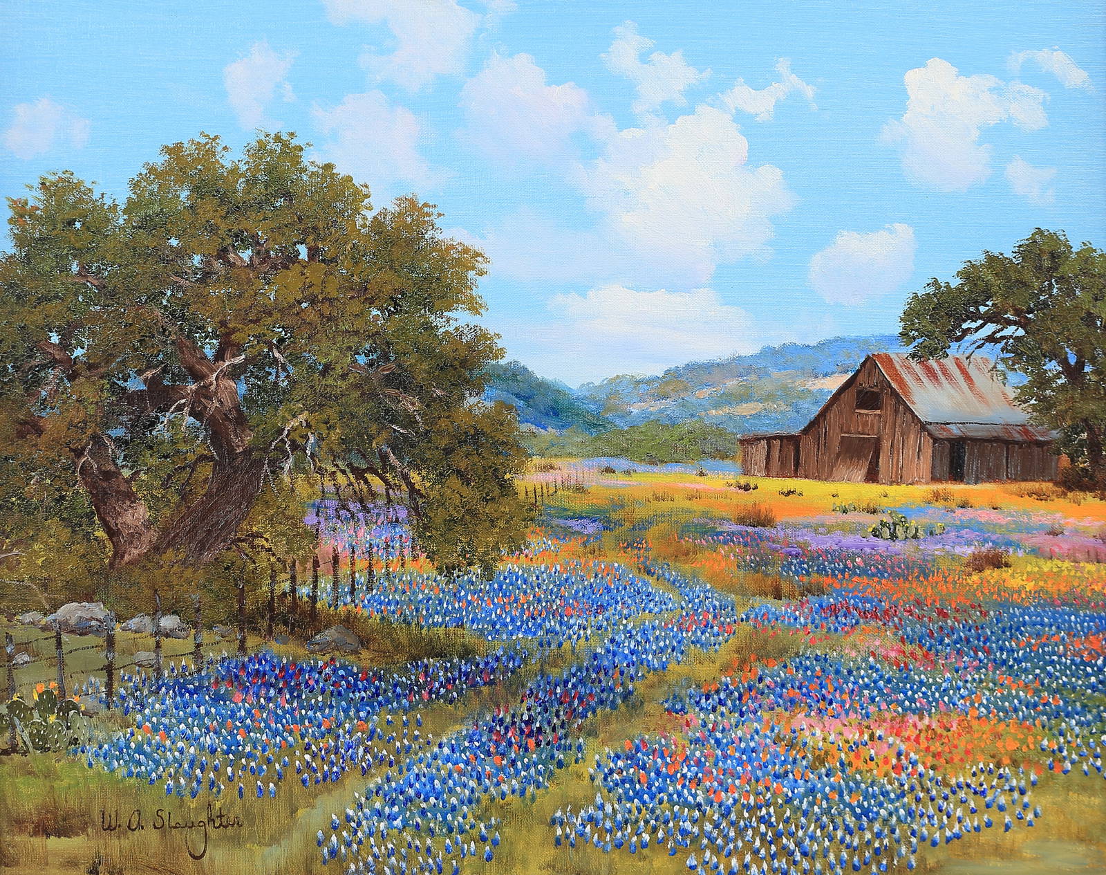 William A. Slaughter (am. 1923-2003), Bluebonnets And Yellow Flowers ...