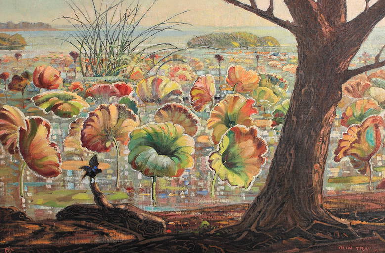 Olin Travis (am. 1888 1975), Lotus Lilies, Oil On Canvas