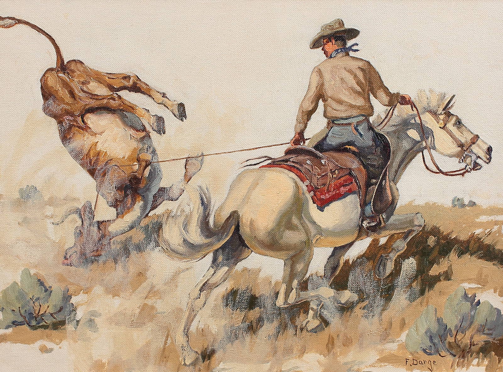 Fred Darge (am. 1900-1978), Calf Roping #2, Oil On Canvas Board Auction