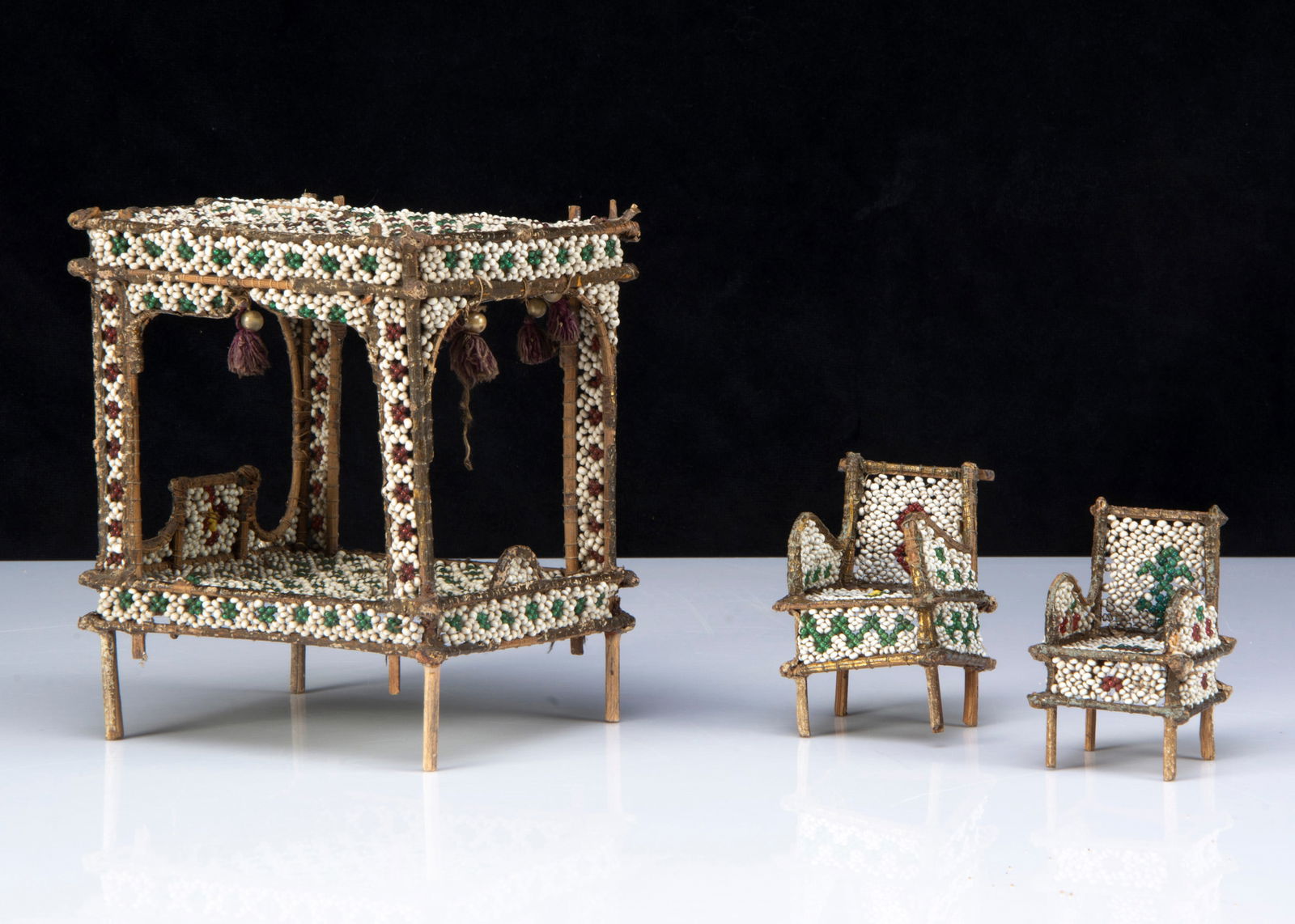 An Unusual Glass Bead And Twig Dolls’ House Four-poster Bed, Auction