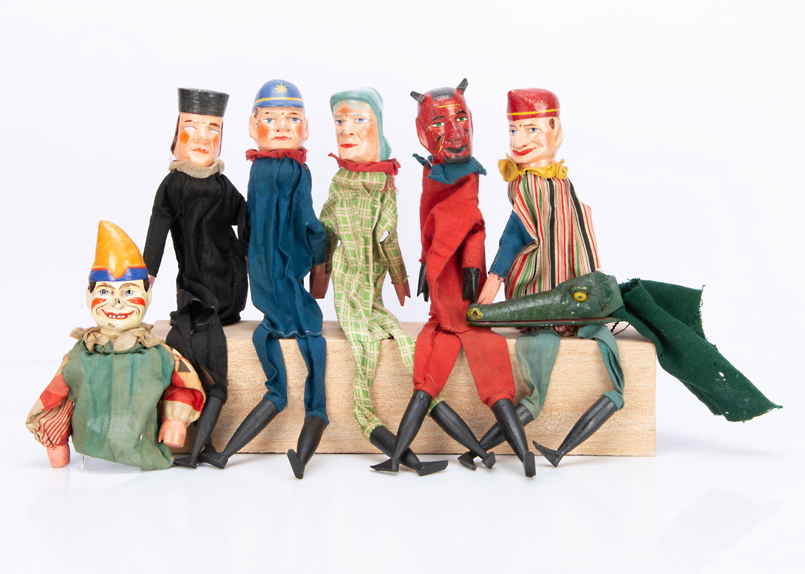 Five German Carved And Painted Wooden Toy Punch & Judy Hand Puppets,