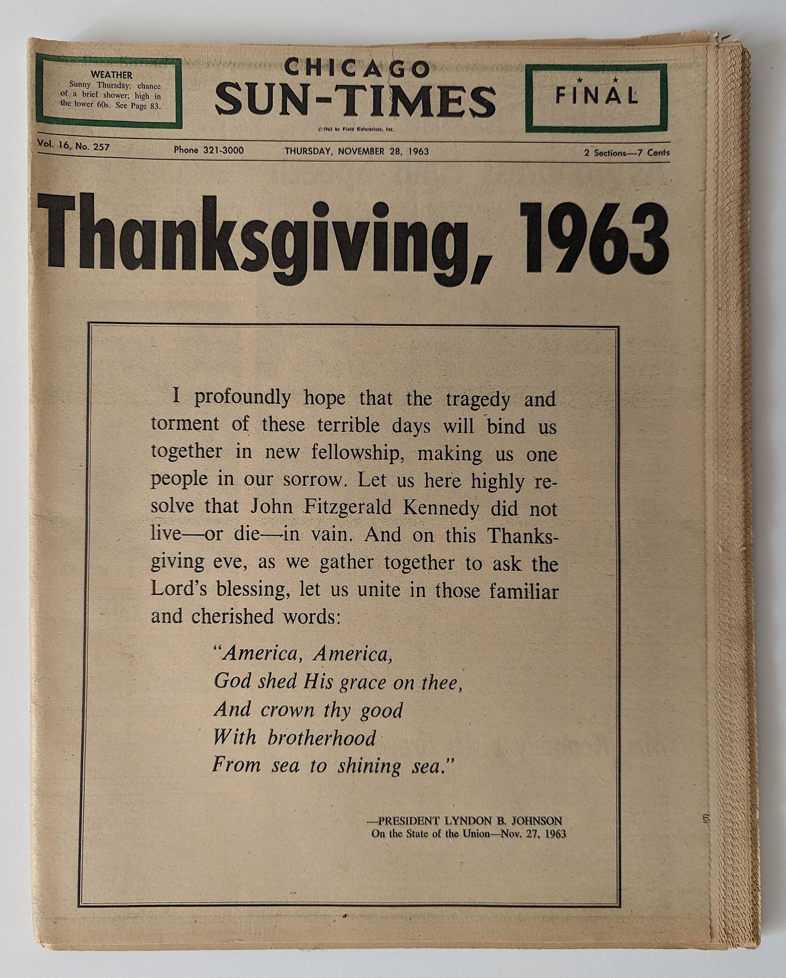 Authentic Newspaper Sun Times Thanksgiving, 1963