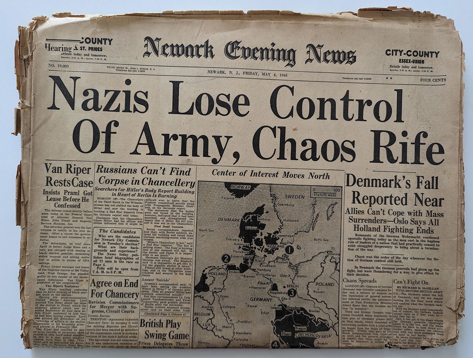 Authentic Newspaper Newark Evening News, May 4, 1945 Auction