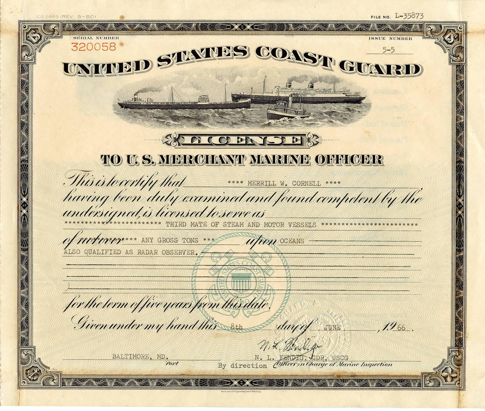 U.s. Coast Guard License Certificate, 1966 Auction