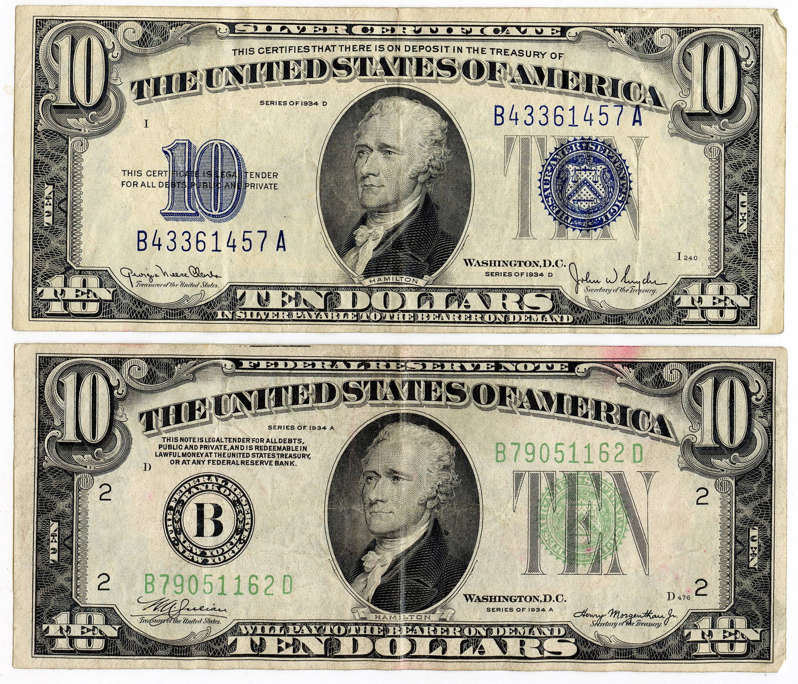 Set Two $10 Ten Dollars Bills 1934 D & 1934 A Auction