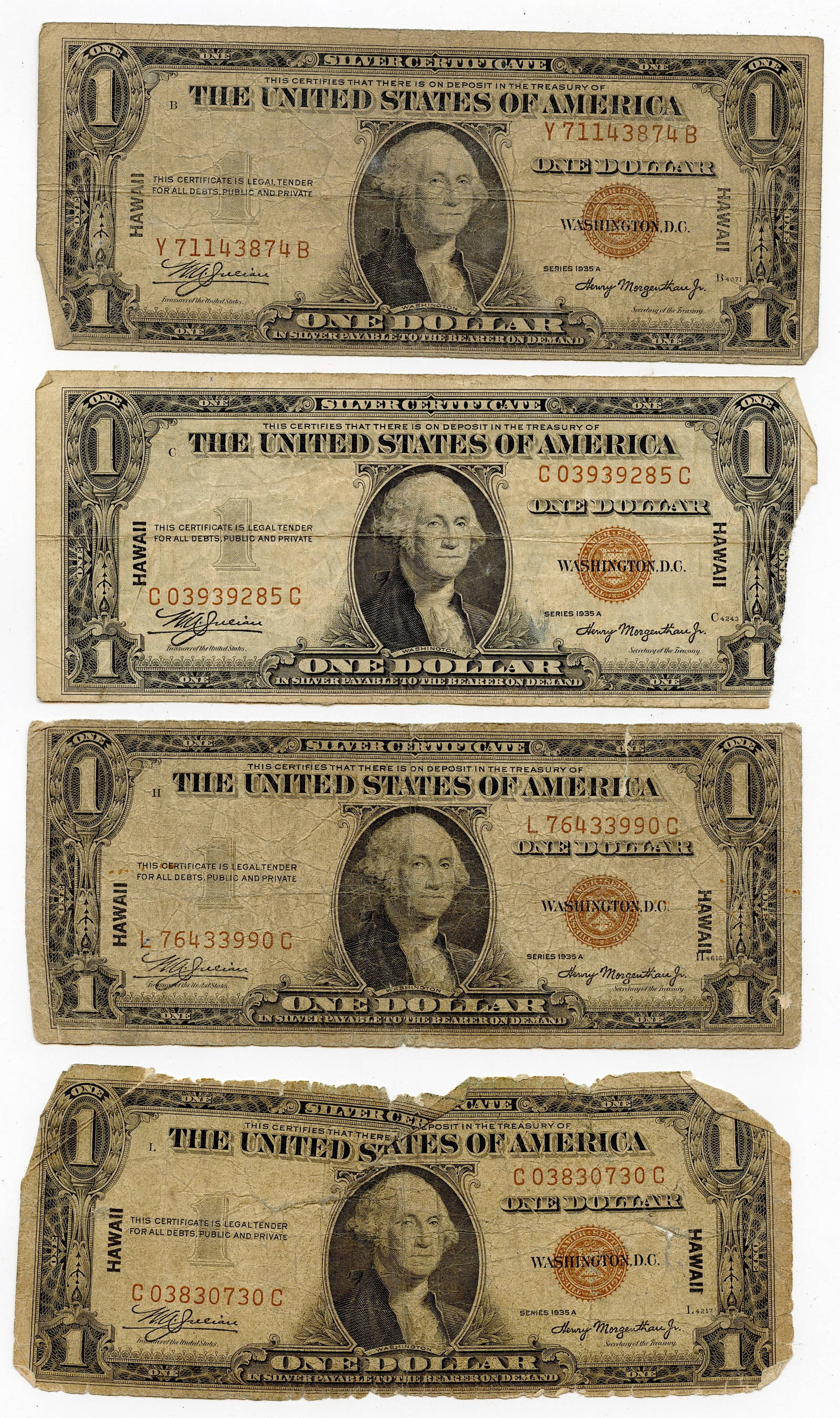 Scarce Set Of 4 Two Dollar Bills Red Label 1935-a Hawaii Auction