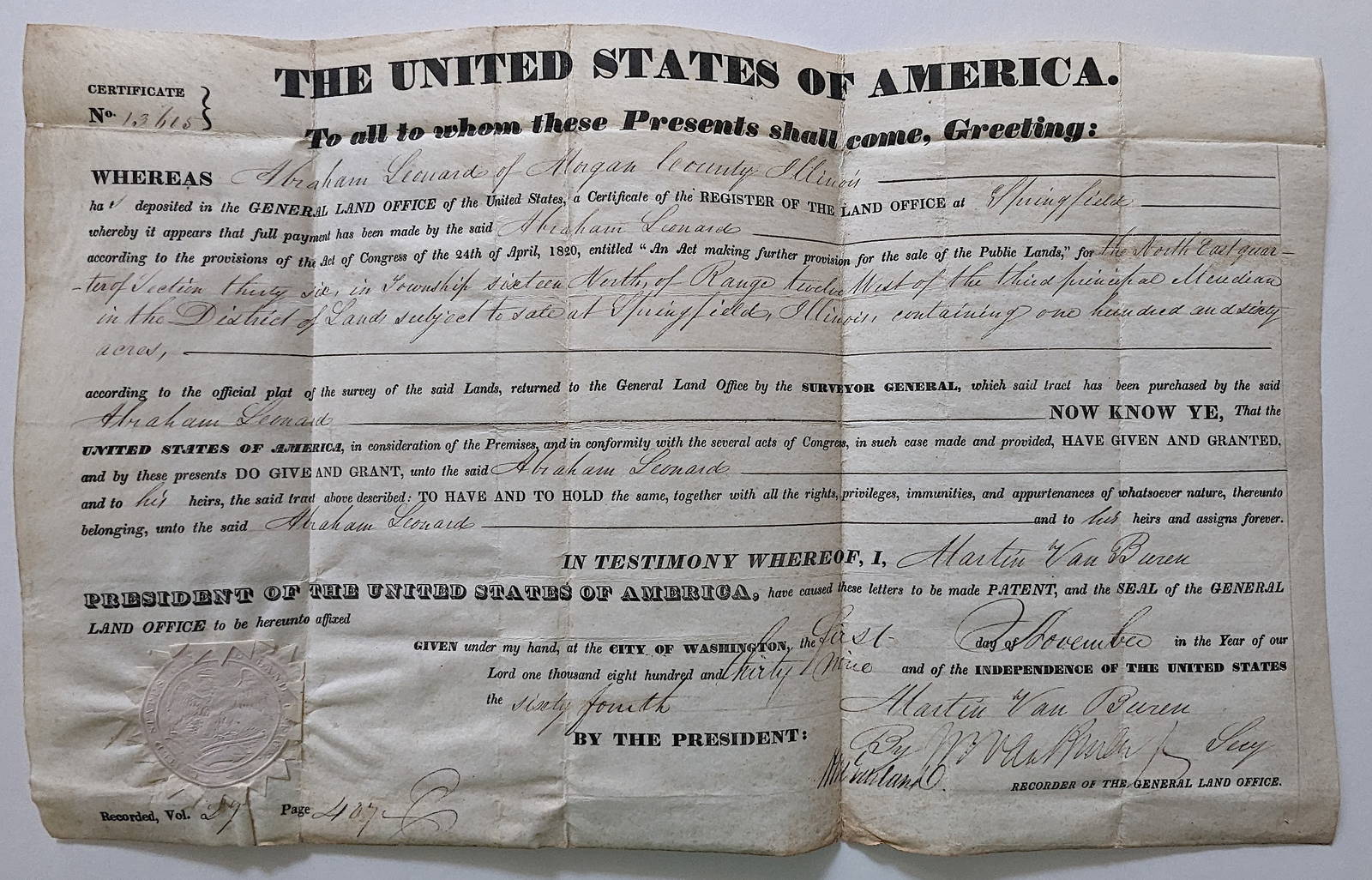 1839 Us Land Grant Signed President Martin Van Buren Auction