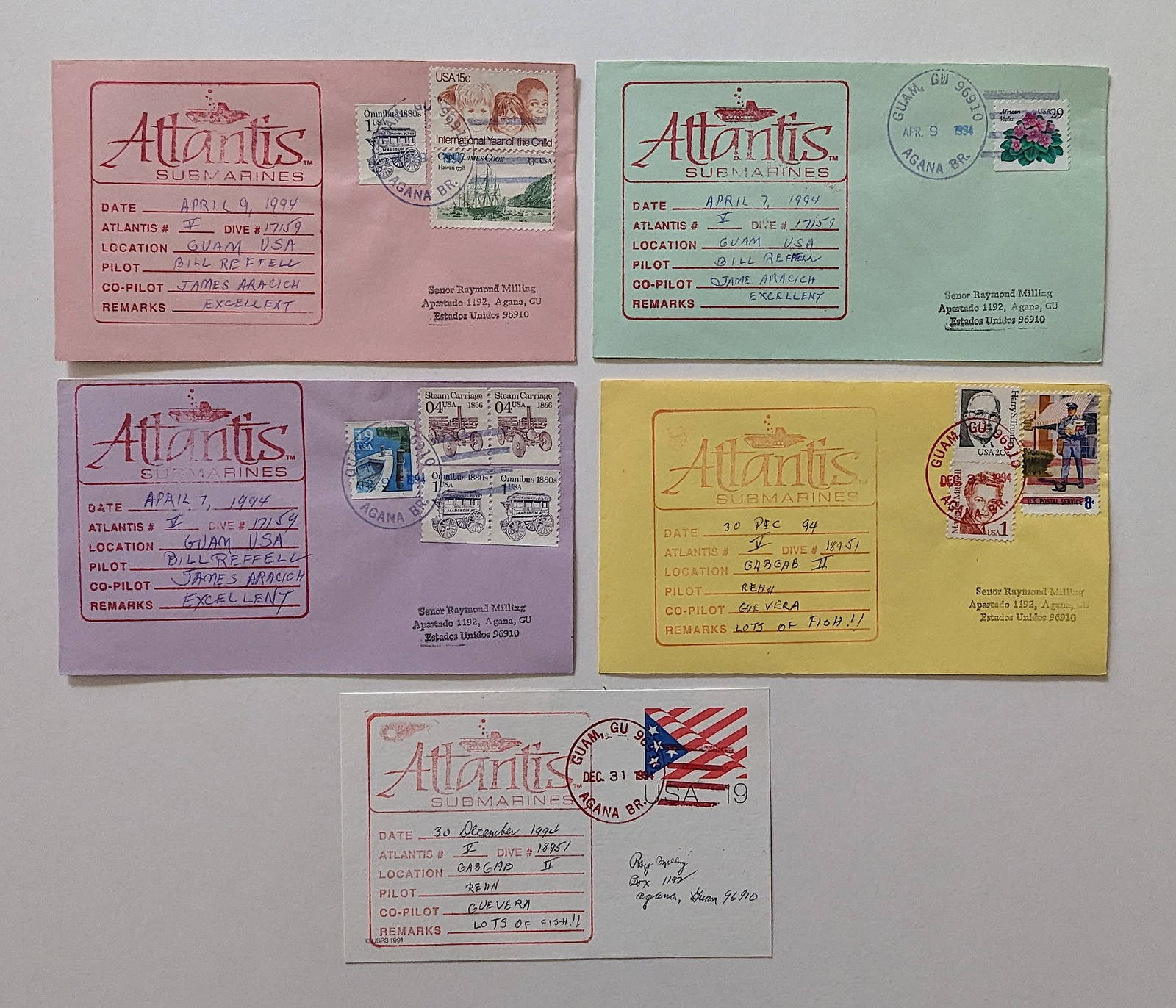 Vintage Set 5 Submarine Atlantis Naval Envelopes Guam Auction