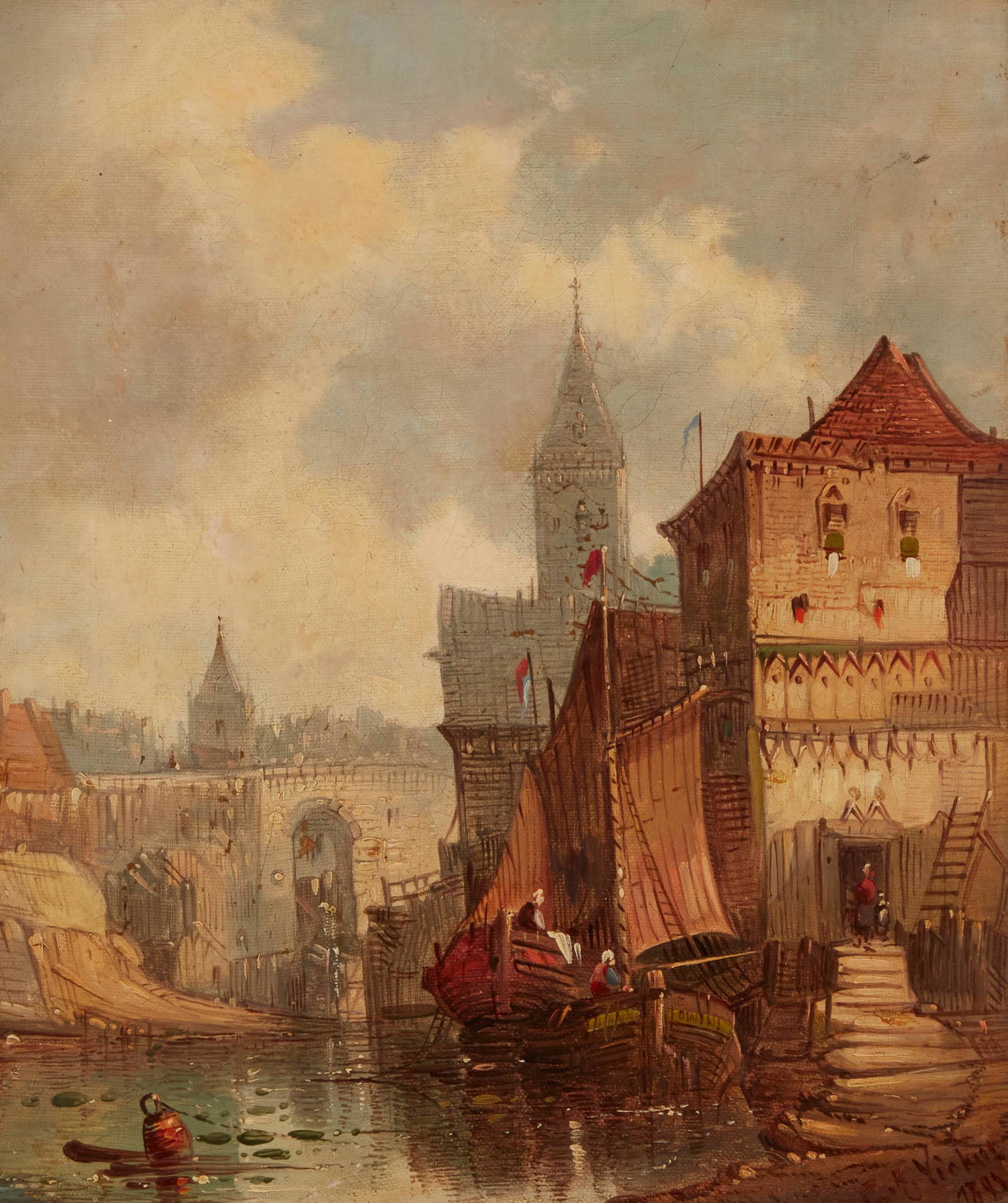 Alfred H. Vickers (1853-1907), Boats At A Town Entrance, 1895, Oil On ...