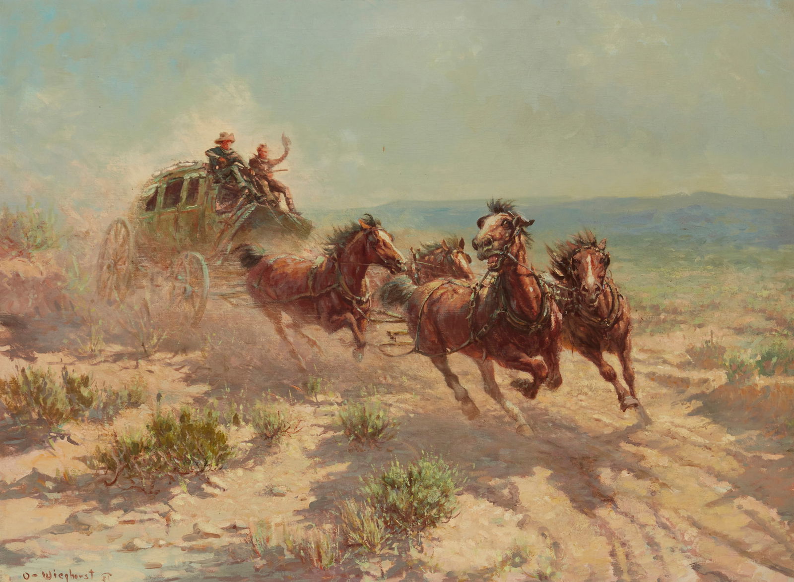 Olaf Wieghorst (1899-1988), Horses Pulling A Stagecoach, Oil On Canvas, 28" H X 38" W Auction