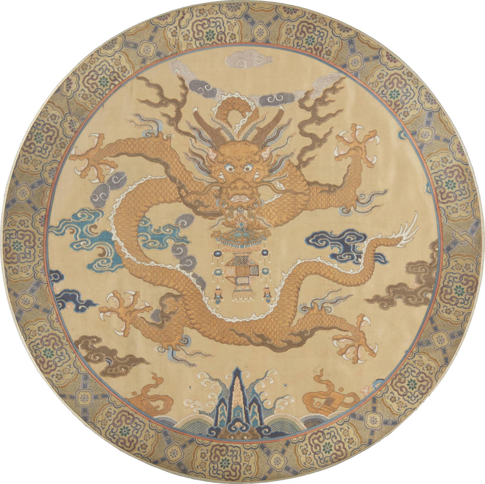 A Framed Chinese Embroidered Dragon Roundel Auction
