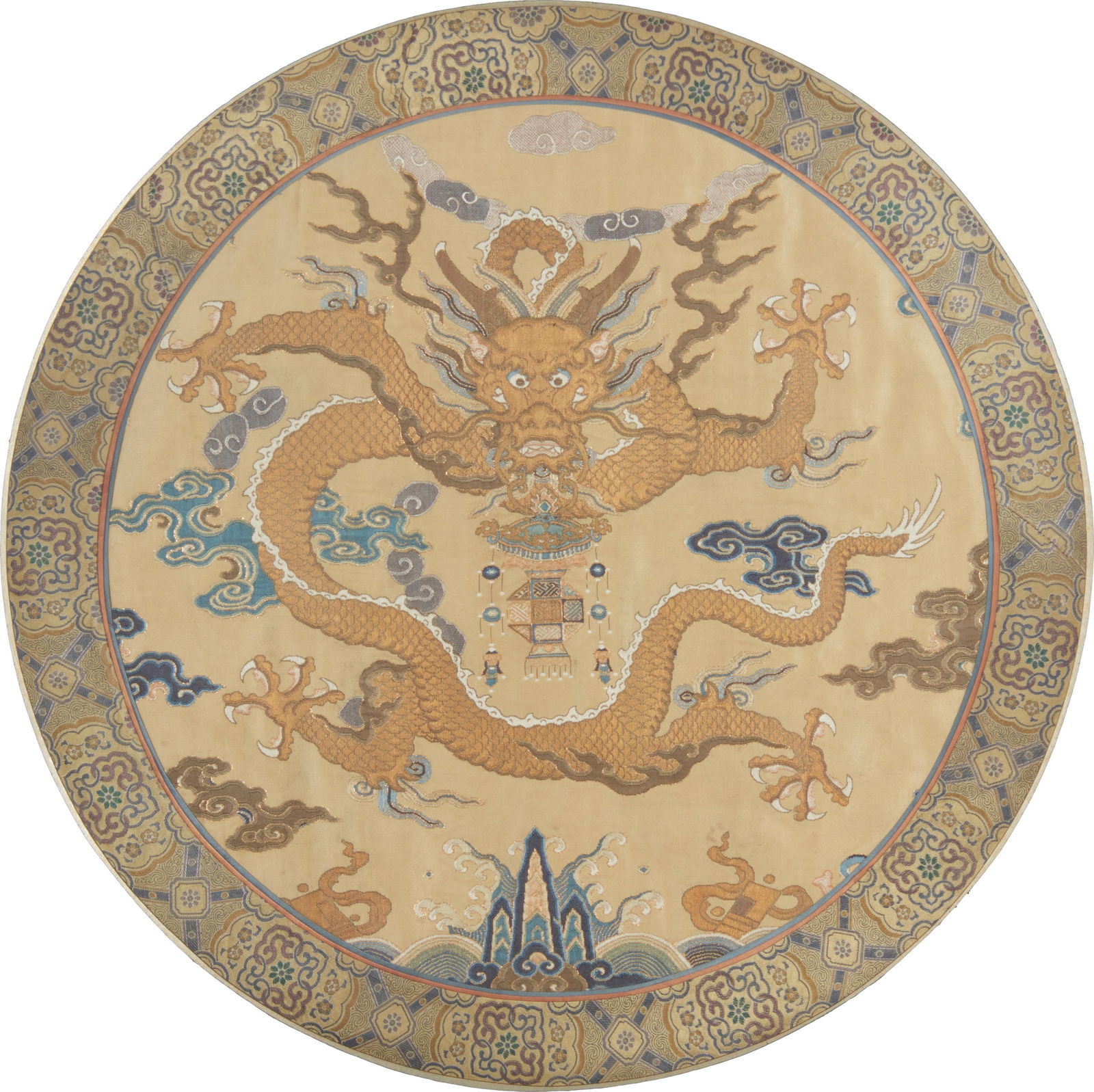 A Framed Chinese Embroidered Dragon Roundel Auction