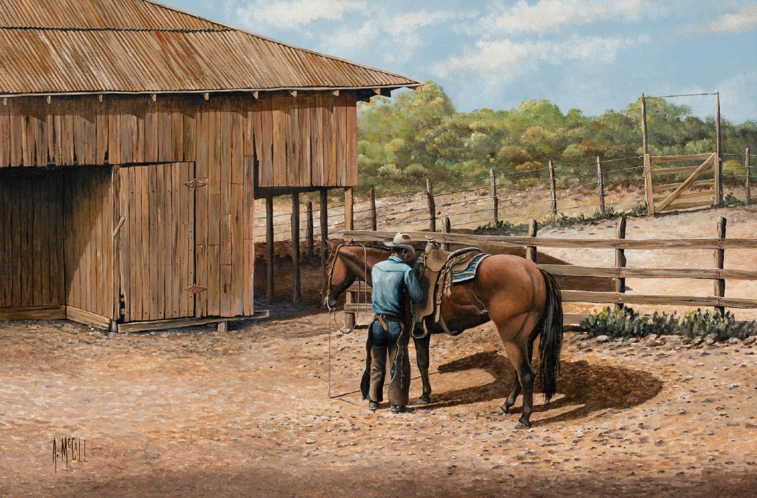 Arthur McCall, Cowboy at the Corral, oil on board