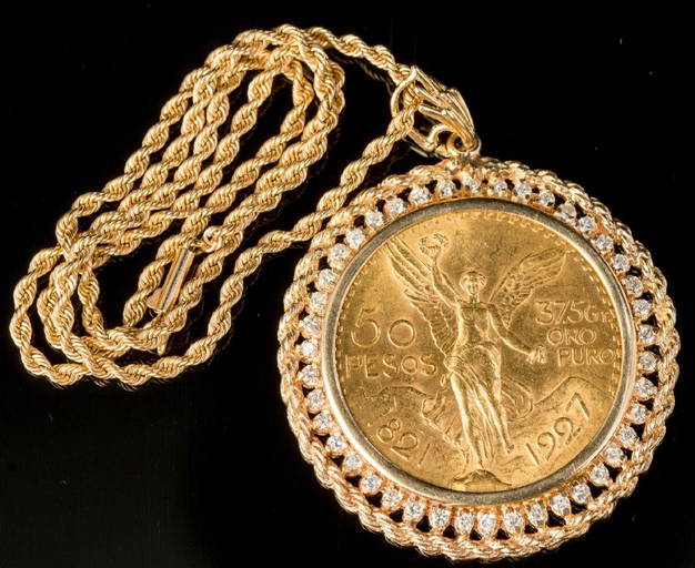 Mexican 50 Pesos Gold Coin Pendant & Chain