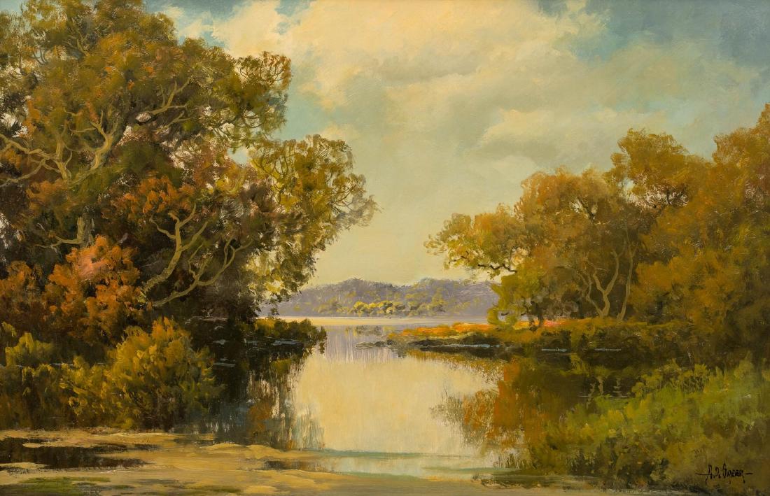 A.D. Greer (1904-1998), River Landscape, oil on board,