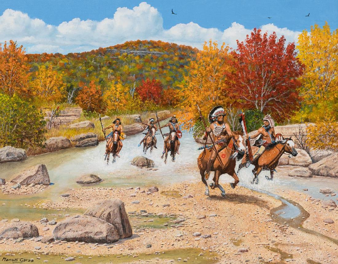 Manuel Garza (b. 1940), "The Warriors", oil on canvas,