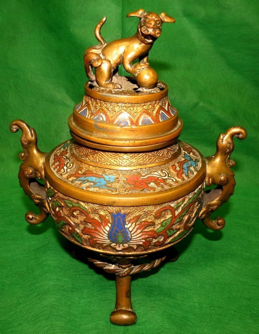 Rare Enamel Chinese Bronze Censer Foo Dog 18th QING