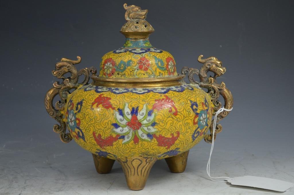 Chinese Bronze Qianlong Marks Cloisonne Imperial Yellow