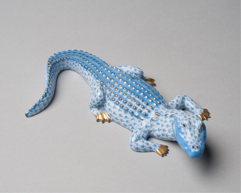 A Herend Porcelain Blue Alligator Figurine