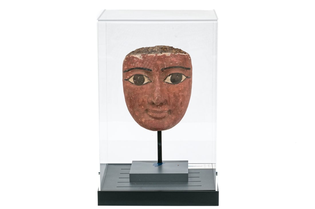 Egyptian Carved And Painted Wooden Coffin Mask In A Lucite Display Case ...